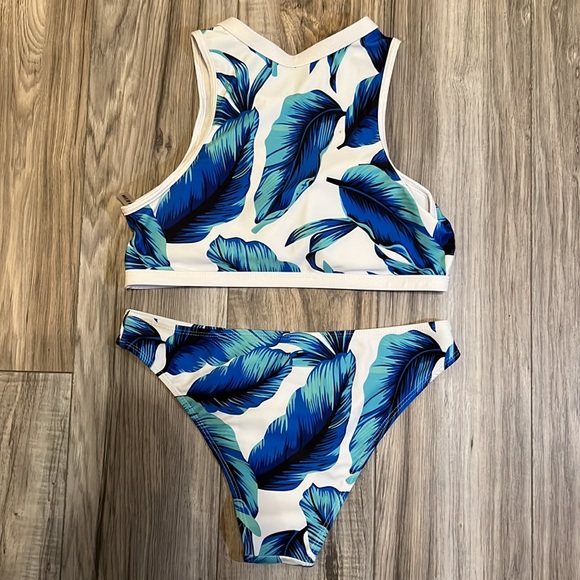 SHEIN | Other | Shein Blue And White Leaf Bathing Suit | Poshmark